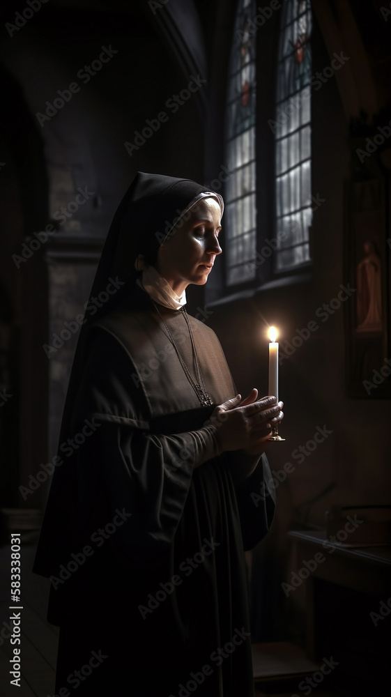 Nun standing, holding a candle and praying in a dark church under light ...