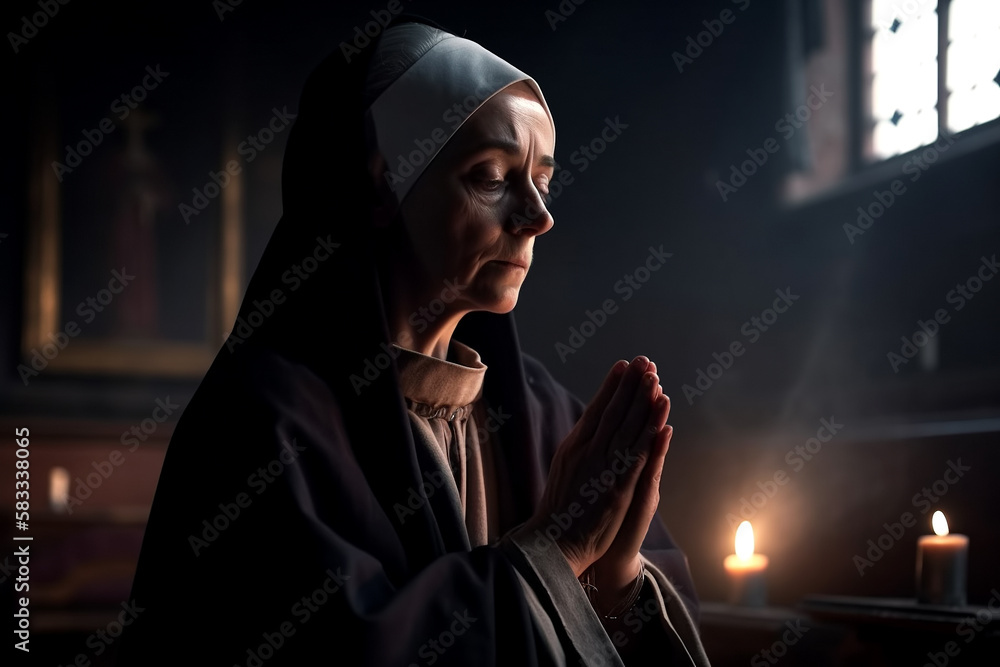 Praying nun with clasped hands in a dark church under light of candles ...