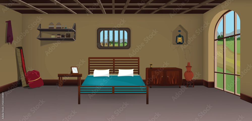Village poor room inside with big window cartoon background, Poor house ...