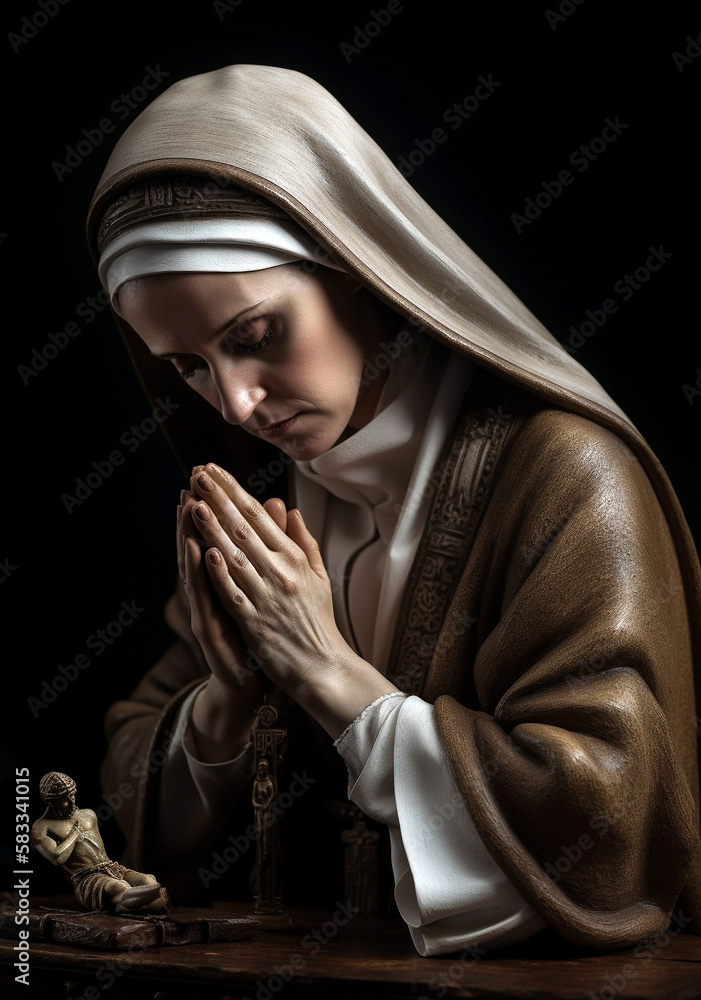 Close up portrait of a praying nun with clasped hands in front of the ...