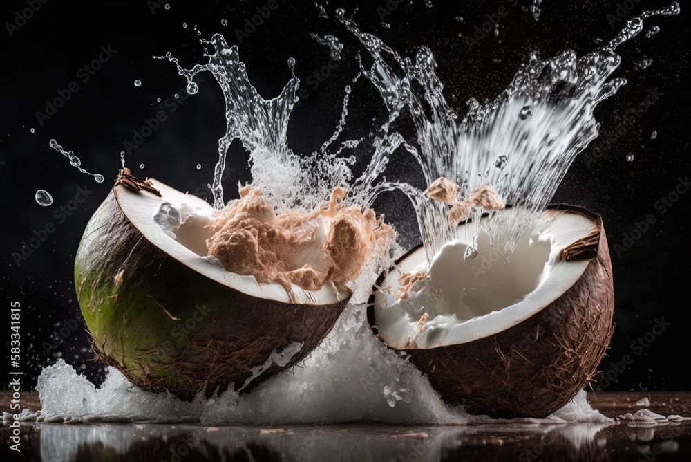 Selective focus and blurry backdrop of fresh half-broken coconuts with ...