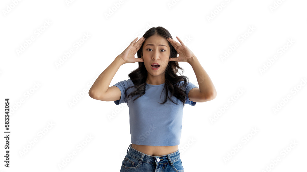 Asian woman acting shocked or surprised isolated on a white background ...