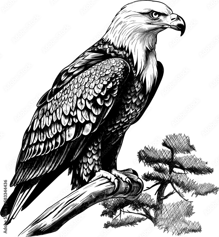 Vintage engraving style illustration of a bald eagle perched on a ...