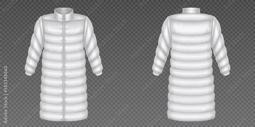 Realistic set of white puffer coat mockups with long sleeve isolated on ...