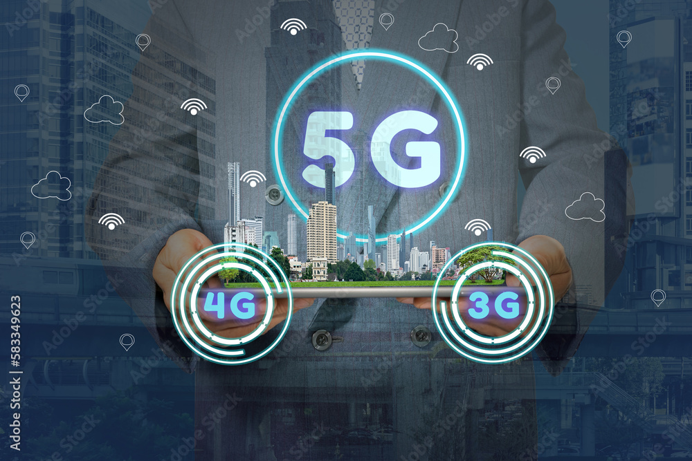 5G network interface and icon concept,Double exposure with businessman ...