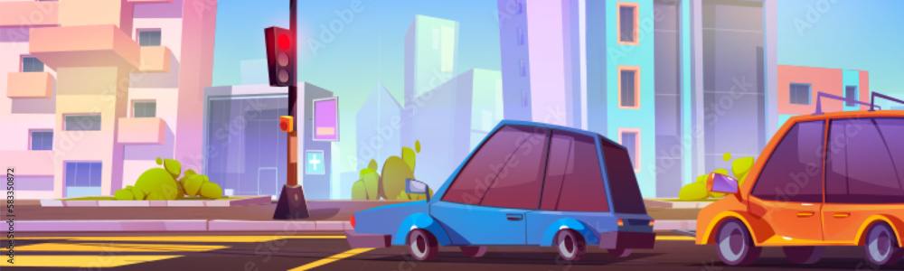 Stop red traffic light stop signal for car on road. Safety city street ...