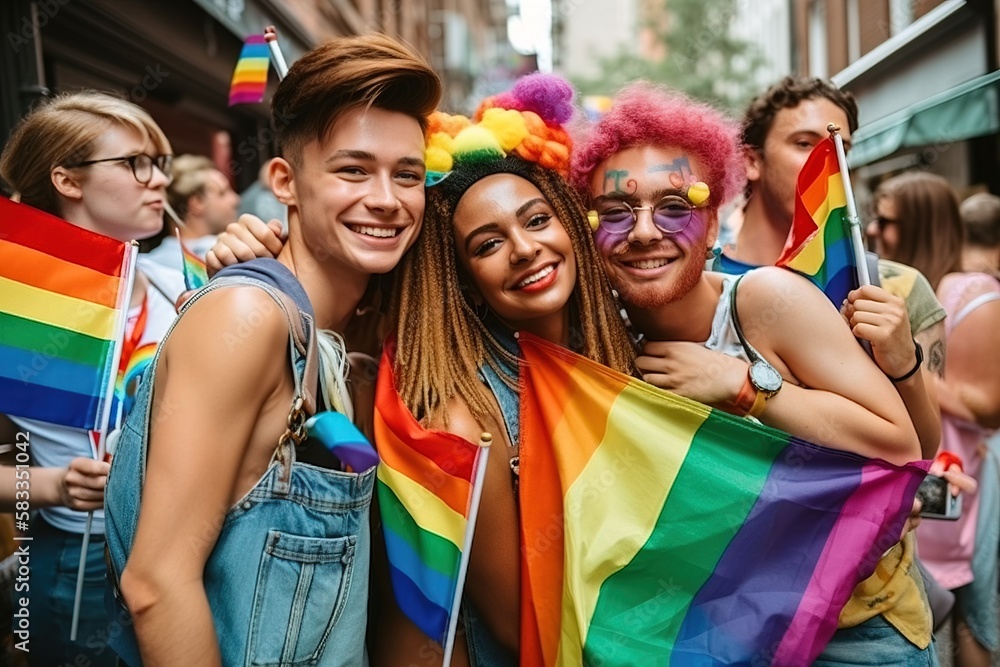 Fototapeta Group Of Friends Smiling Queer LGBTQIA LGBT People Walking Fototapeta Group Of Friends Smiling Queer LGBTQIA LGBT People Walking