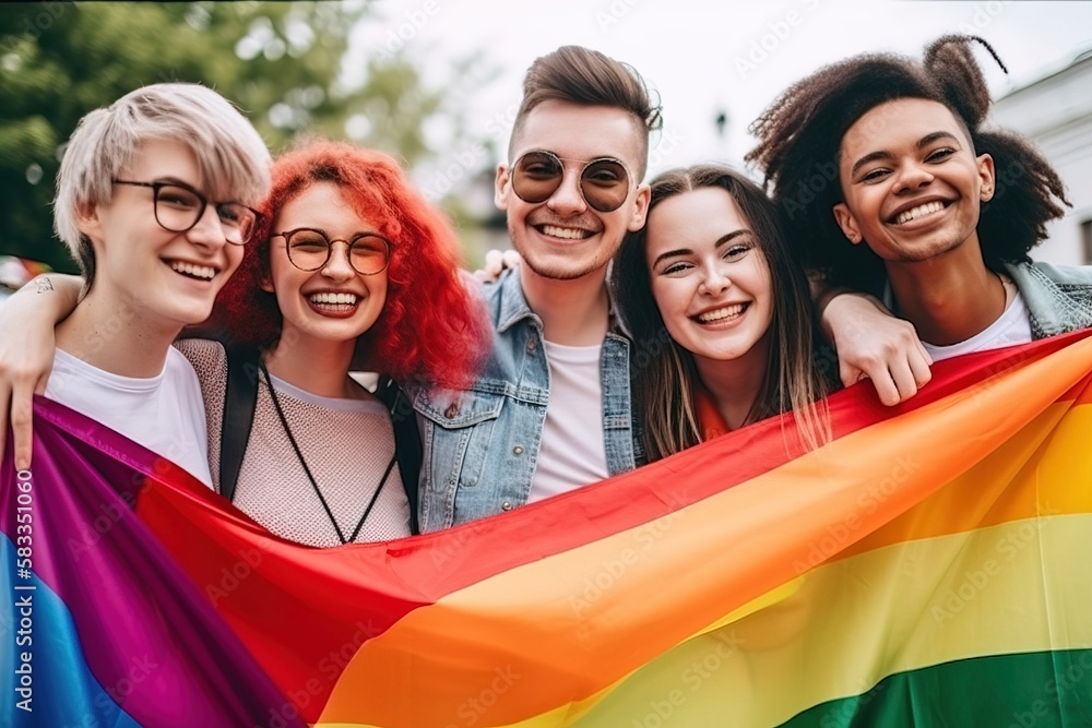 group of friends smiling queer LGBTQIA+ LGBT people walking in the ...