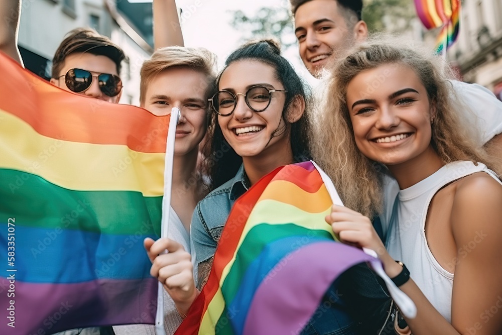 group of friends smiling queer LGBTQIA+ LGBT people walking in the ...