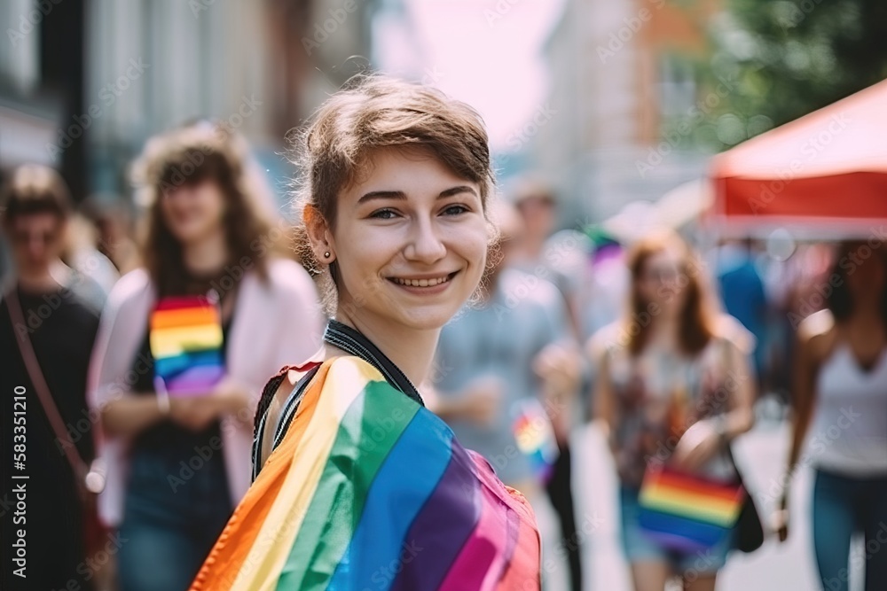 beautiful young woman smiling queer LGBTQIA+ LGBT people walking in the ...