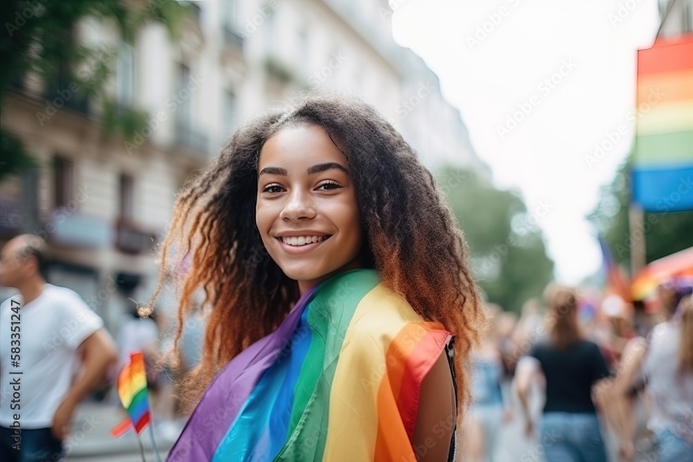 beautiful young black woman smiling queer LGBTQIA+ LGBT people walking ...