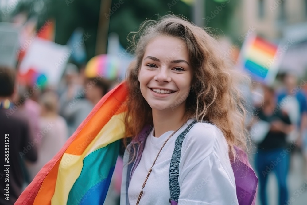 beautiful young woman smiling queer LGBTQIA+ LGBT people walking in the ...