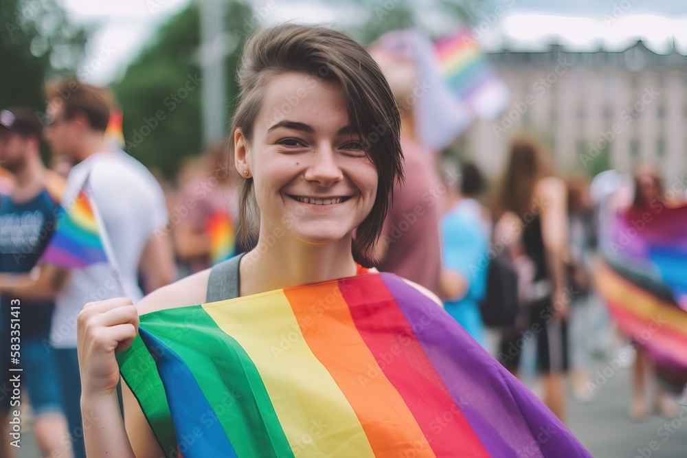 beautiful young woman smiling queer LGBTQIA+ LGBT people walking in the ...