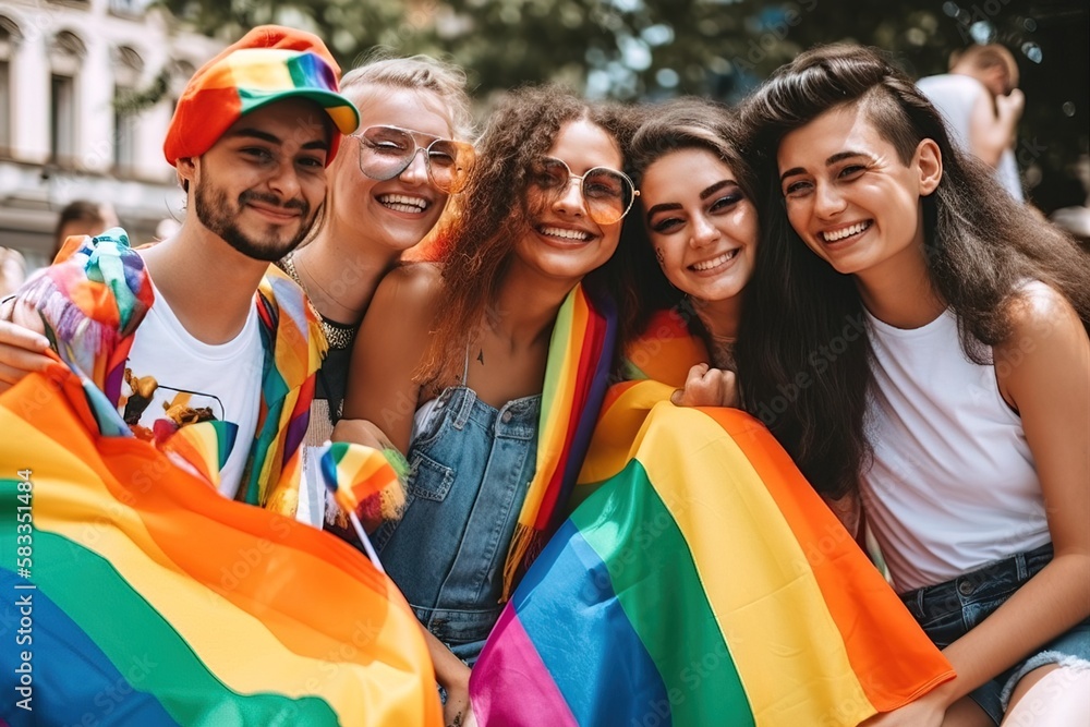 group of friends smiling queer LGBTQIA+ LGBT people walking in the ...
