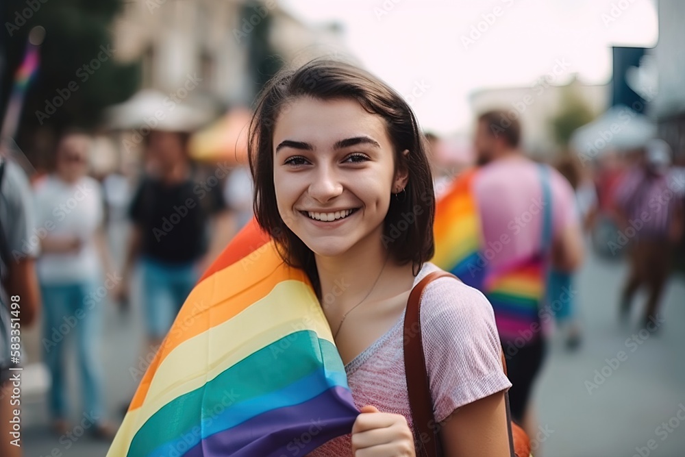 beautiful young woman smiling queer LGBTQIA+ LGBT people walking in the ...