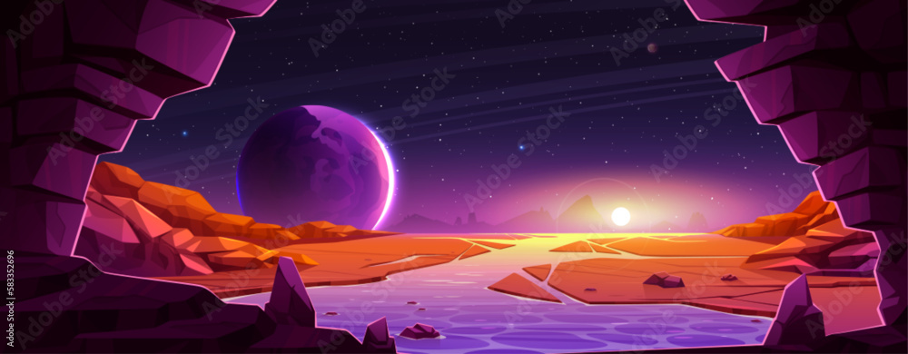 Space background with alien planet landscape. Mars surface with water ...