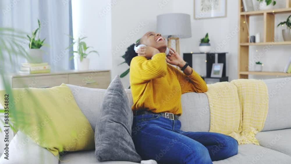 Dance, phone and music with black woman on sofa for freedom, carefree ...