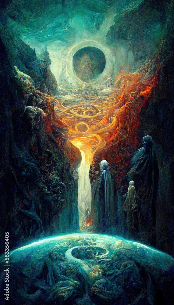 The image is of a ravaged earth with three layers separating the aether ...