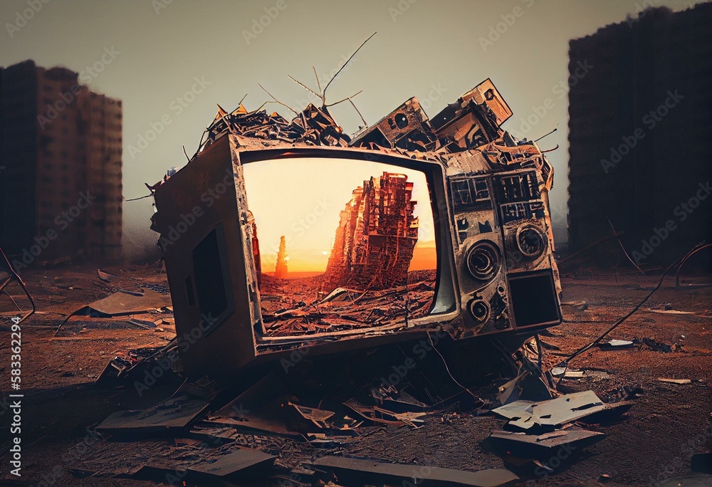 A broken TV on rubble in a post-apocalyptic city. Generative AI art ...