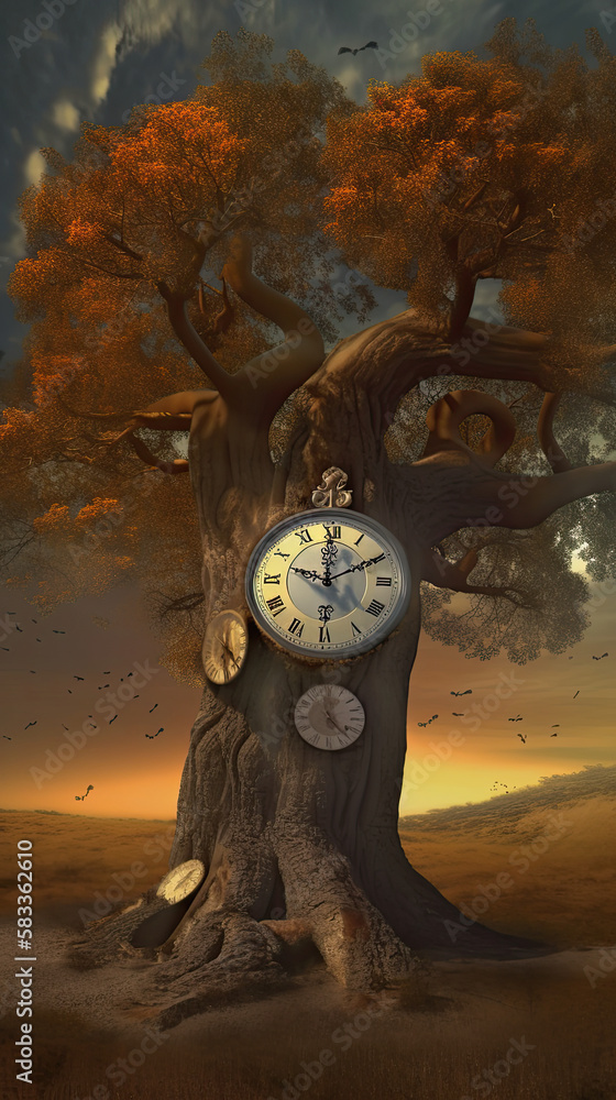 Clock in a tree. Depicting concepts of time running out on nature ...