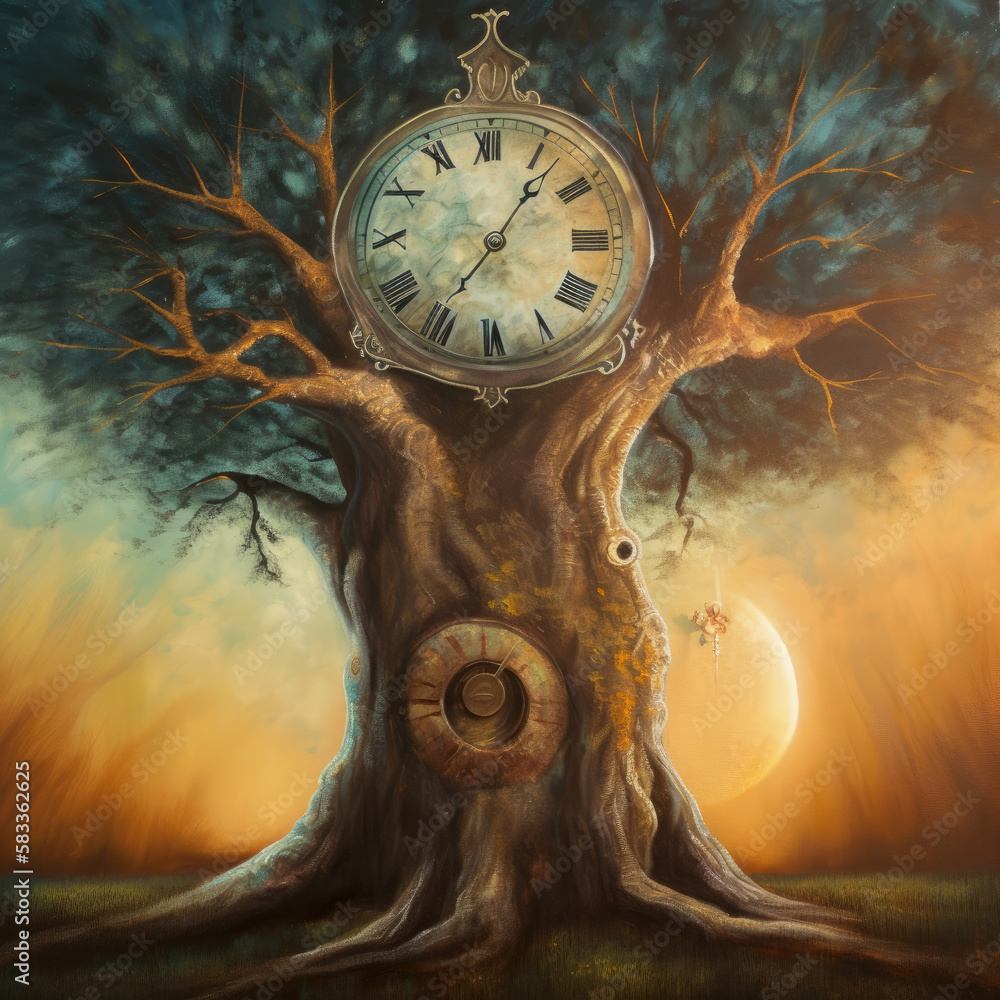 Clock in a tree. Depicting concepts of time running out on nature ...