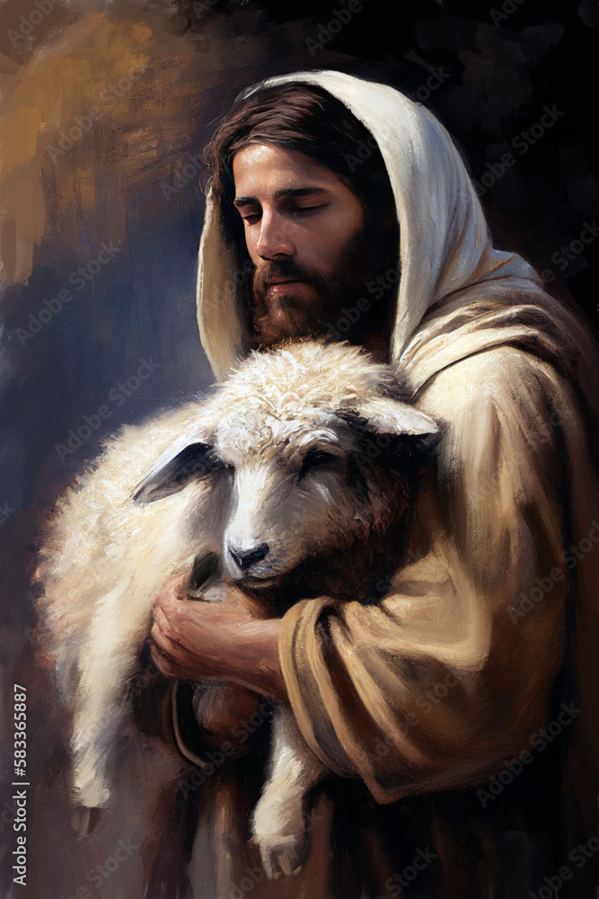 Jesus Christ, Son of God, holding a lamb in his hands, symbol of ... Jesus Christ, Son of God, holding a lamb in his hands, symbol of ...