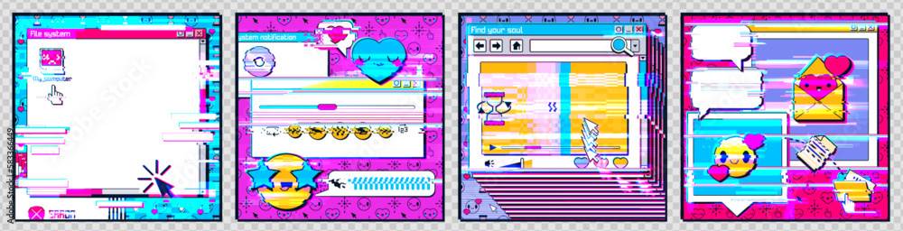 Social media posts with retro computer interface with glitch effect ...