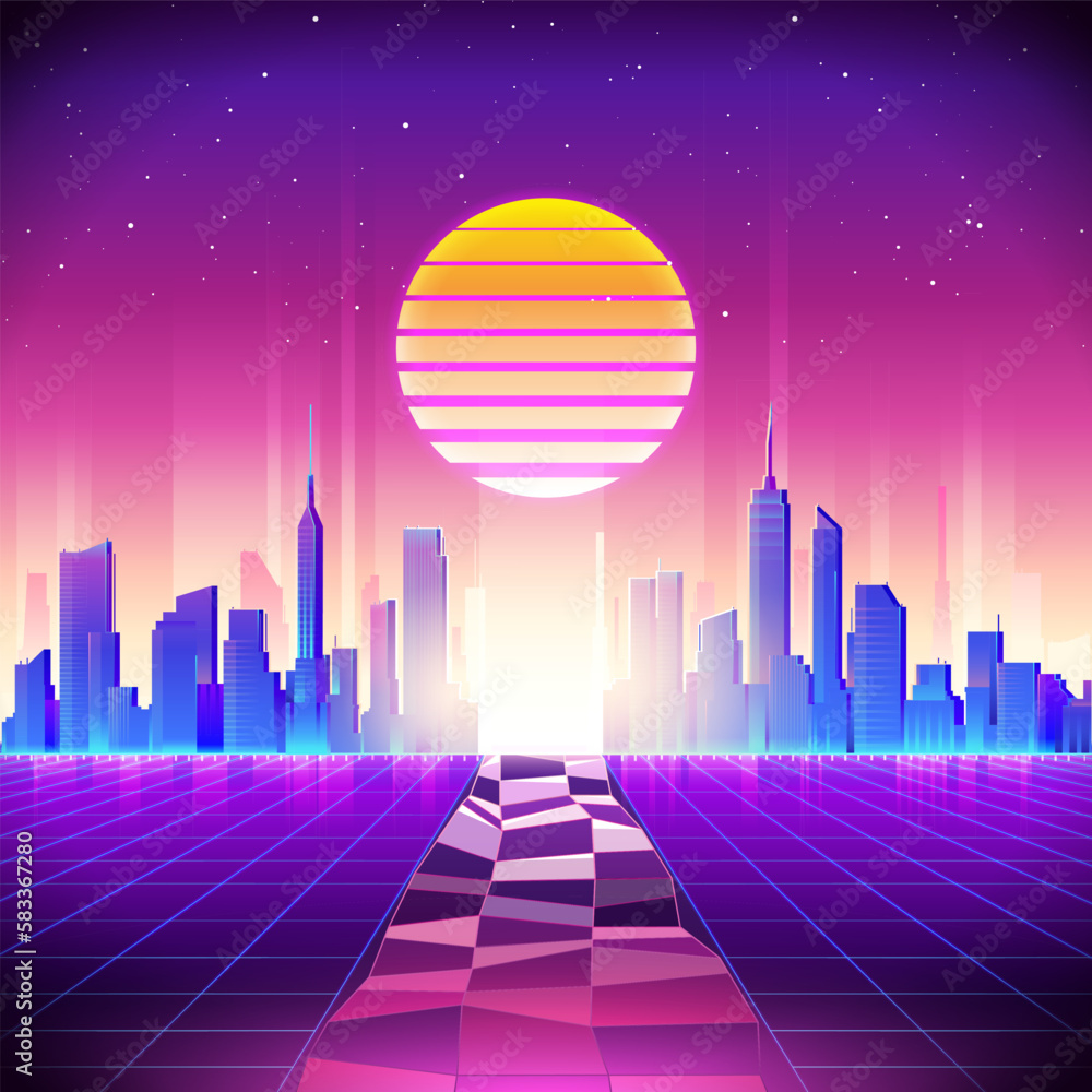 80s Retro Sci-Fi Background with Night City Skyline. Vector futuristic ...