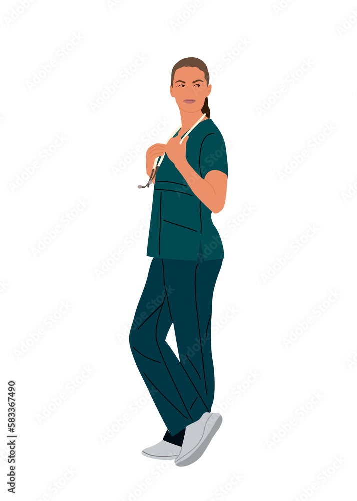 Female doctor, nurse character side view full length. Young confident ...