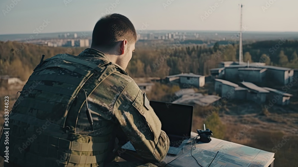 Mobile military base, soldier engineer transmits aerial pictures and ...