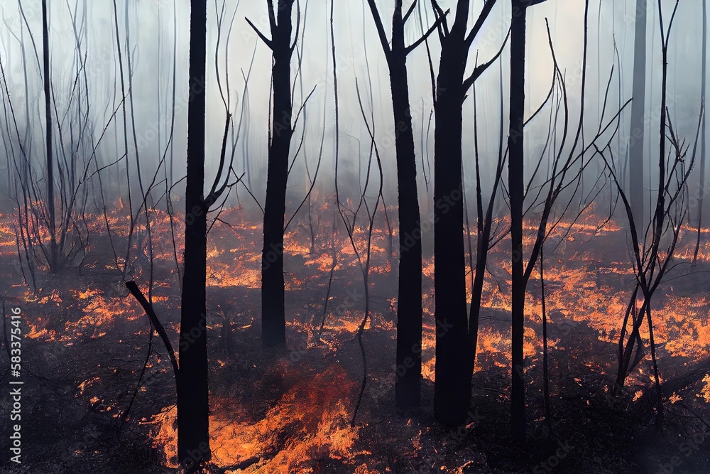 Forest tree devoured by flames of wildfire natural disaster. Effect of ...