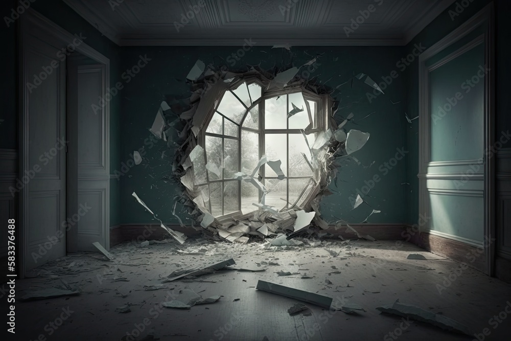 empty room, with broken window and shattered glass on the floor ...