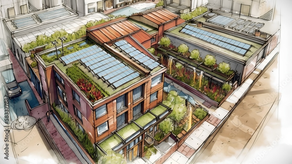 Sketch of sustainable urban architecture, featuring green roofs and ...
