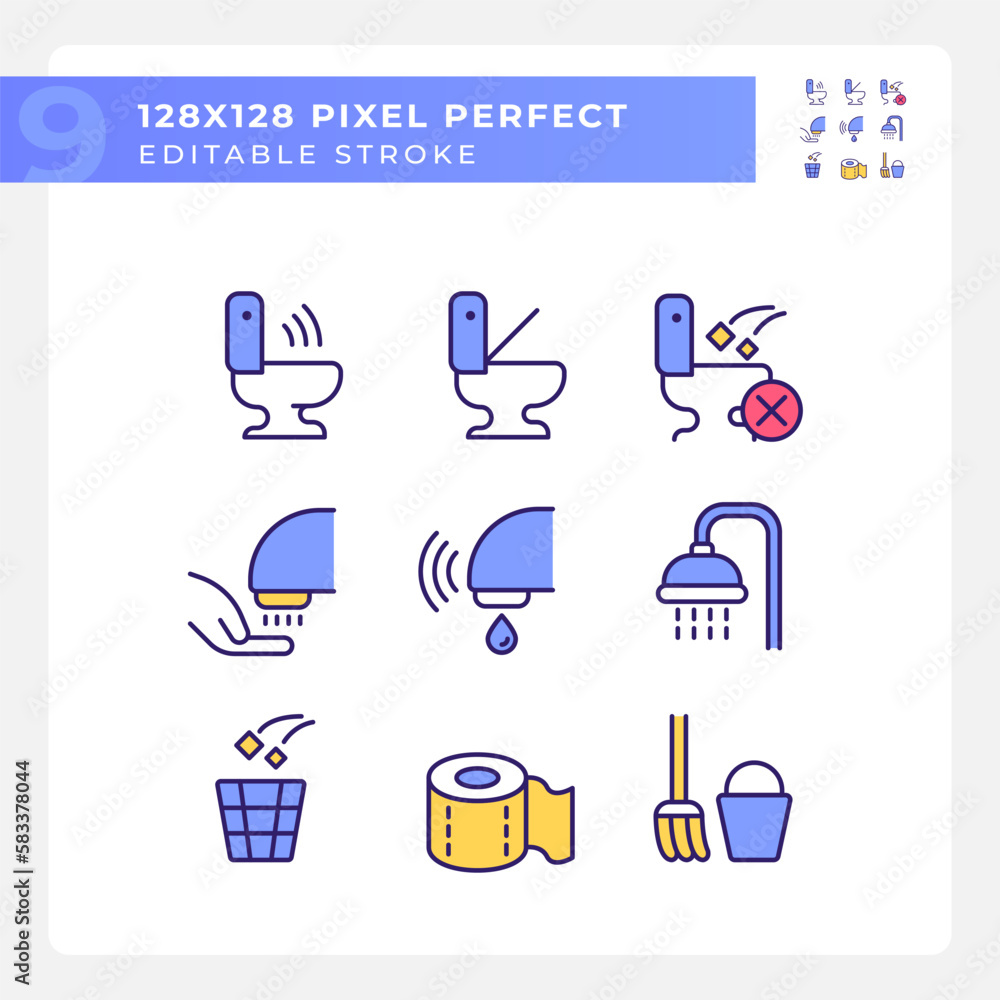Public toilets service pixel perfect RGB color icons set. Restrooms ...