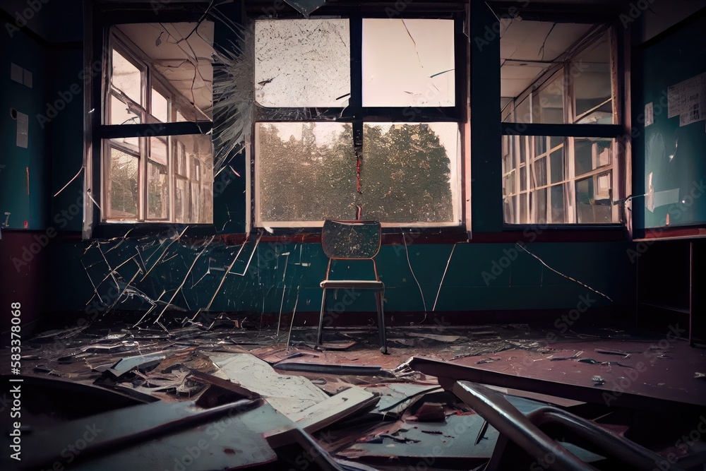 locked school classroom, with broken window and shattered glass on the ...