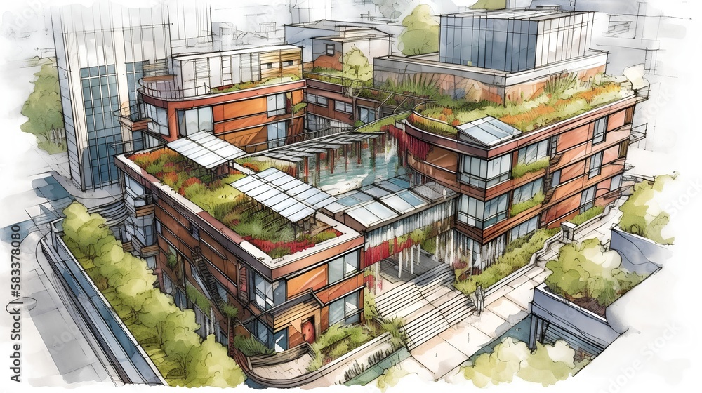 Sketch of sustainable urban architecture, featuring green roofs and ...