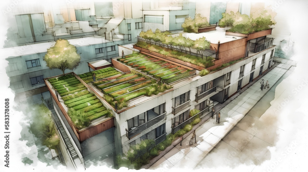 Sketch of sustainable urban architecture, featuring green roofs and ...