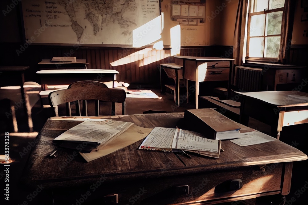 empty school classroom, with books and lesson plans still on the desks ...