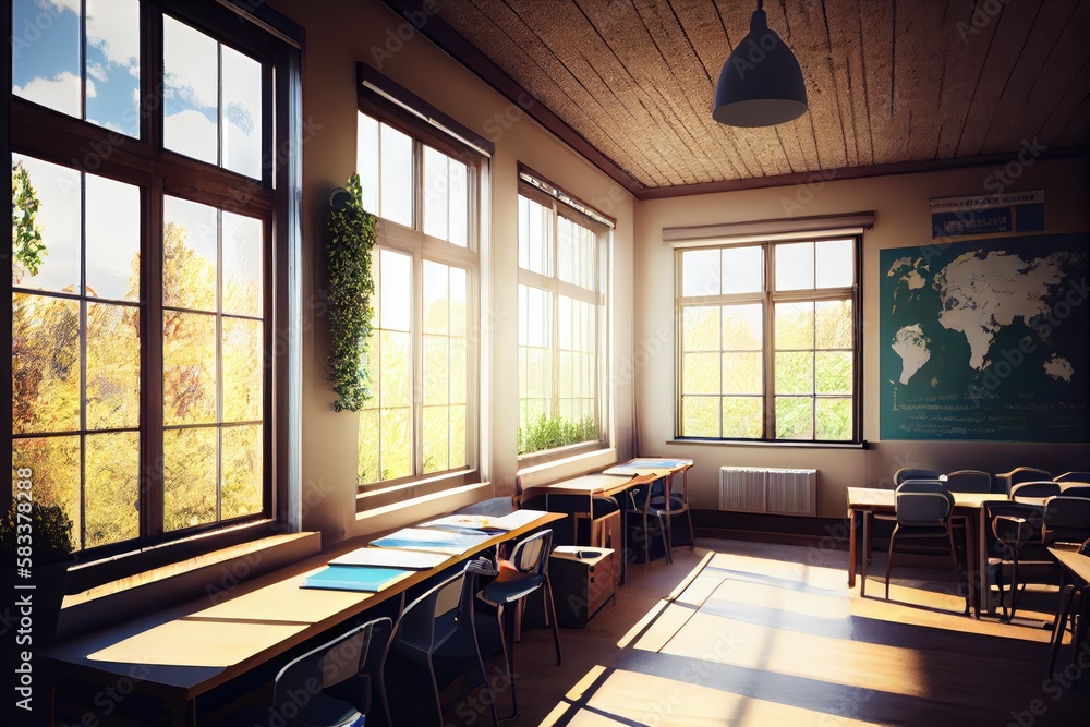 empty school classroom with view of the outside world, surrounded by ...