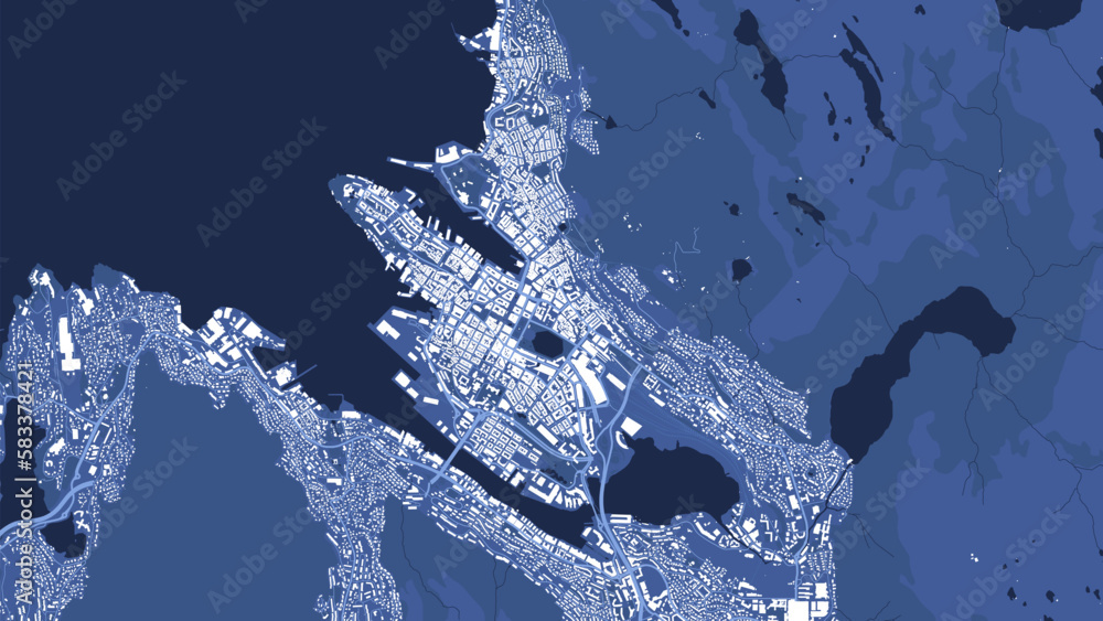 Detailed blue vector map poster of Bergen city, linear print map ...