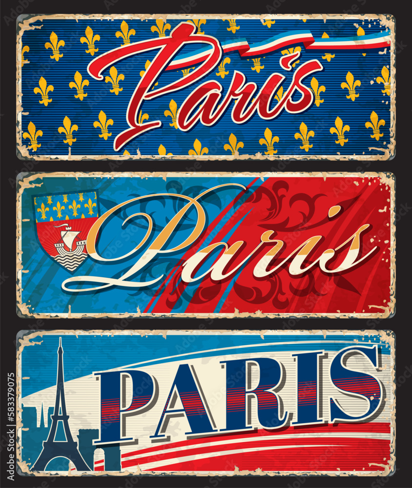 Paris travel stickers and plates, France city luggage tags, vector ...