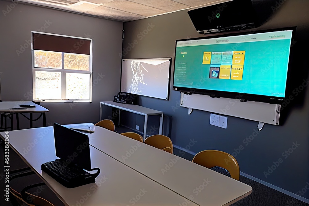 school classroom with interactive smart board, laptop, and projector ...