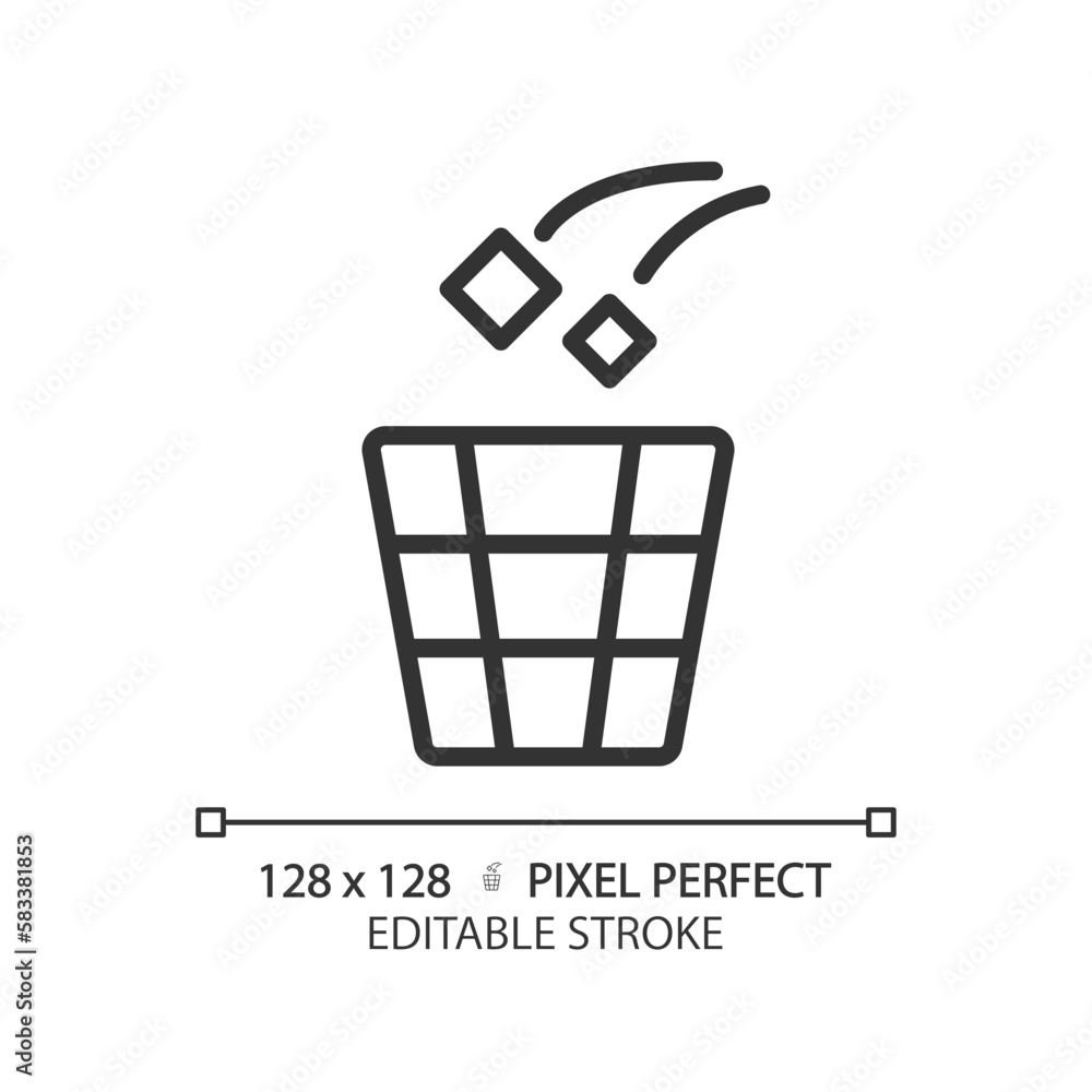 Throw rubbish pixel perfect linear icon. Use litter bin in toilet room ...