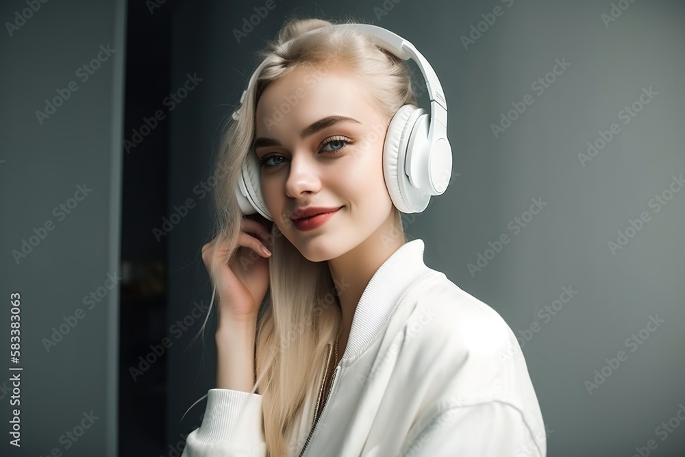 Beautiful young woman with blonde hair wearing big headphones listening ...