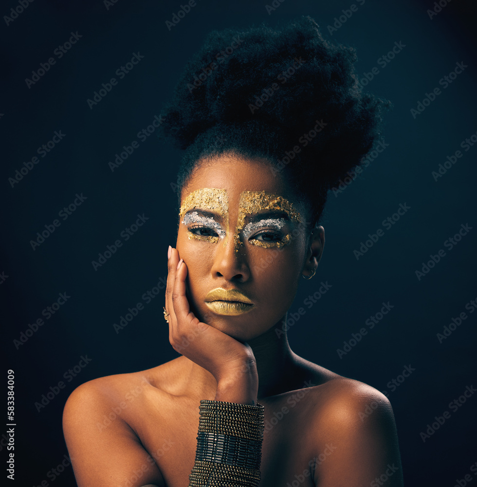 Makeup, gold and glitter with portrait of black woman in studio for ...