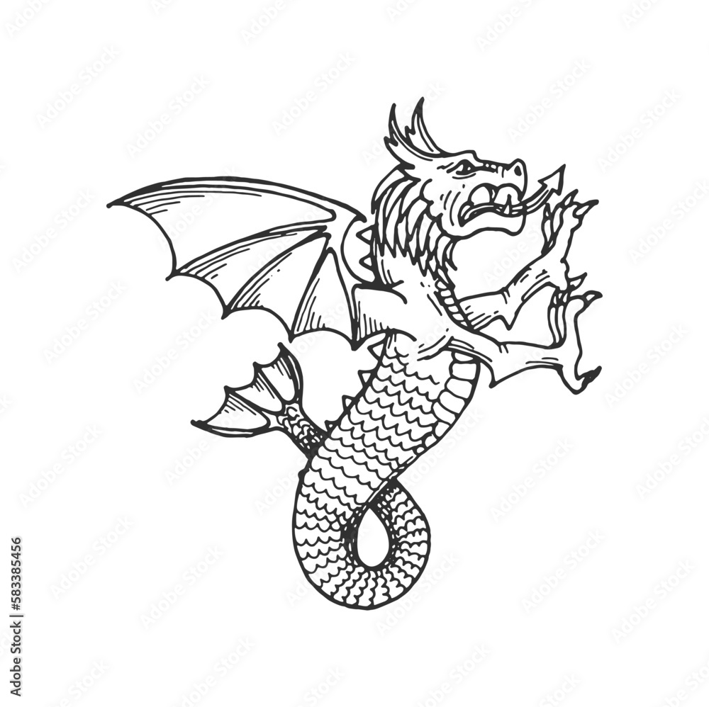 Heraldic Medieval creature sketch, fantasy dragon or mythic animal ...