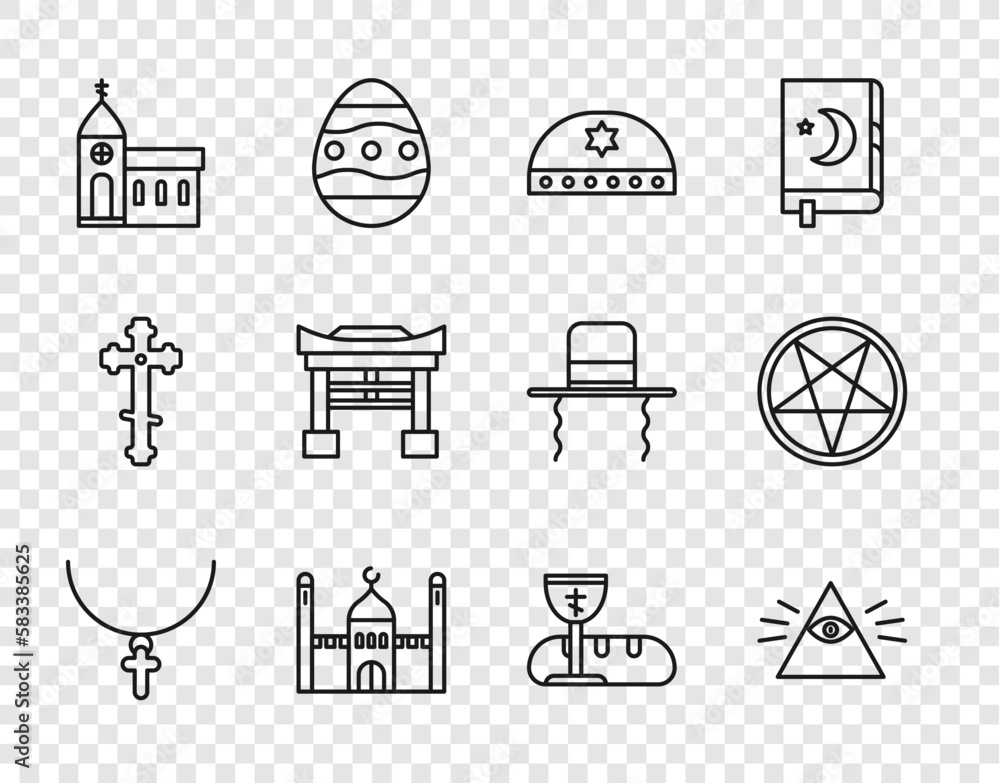 Set line Christian cross on chain, Masons, Jewish kippah with star of ...