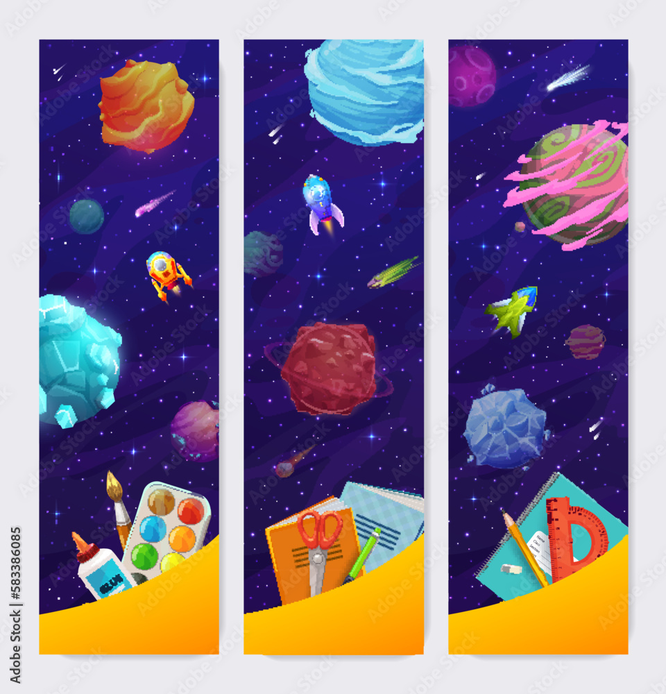 Back to school banner with space landscape. Vector bookmark, vertical ...