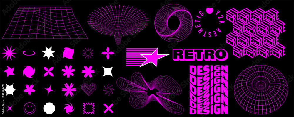 Wireframe 3D shapes in trendy retro cyberpunk 80s 90s style. Y2k ...