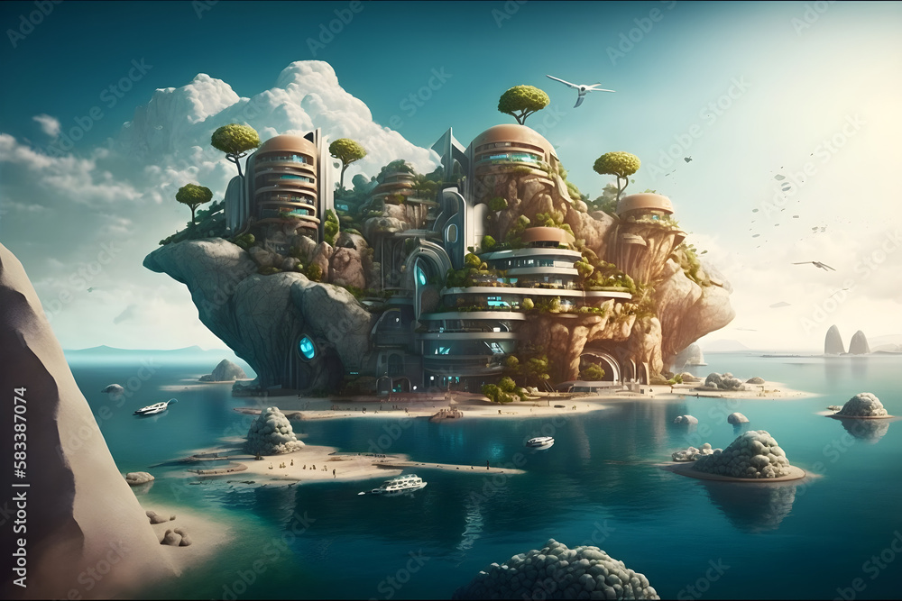 sustainable city built on a rocky island above a beautiful, azure ...
